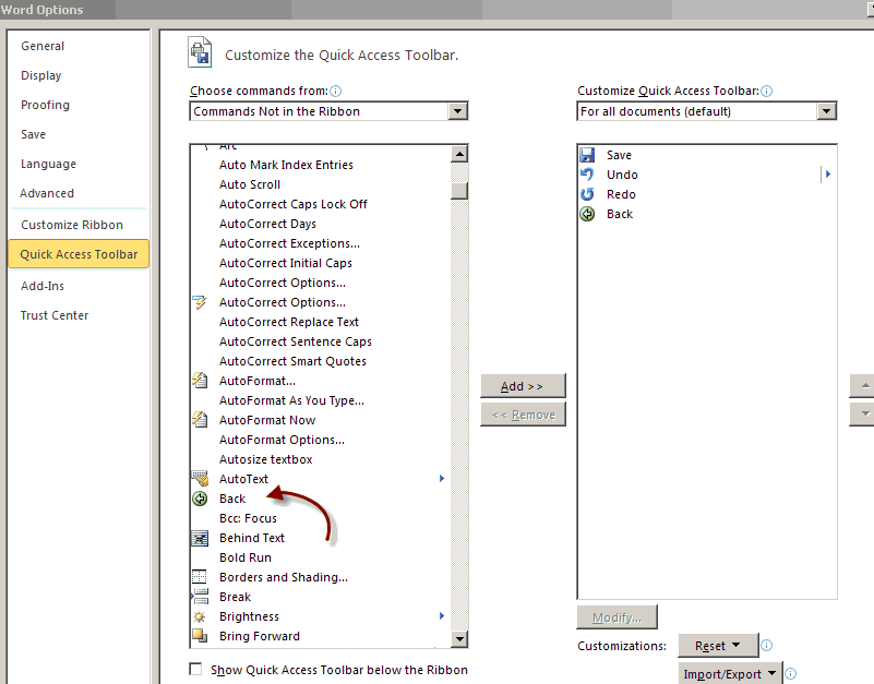 How To Add A Back Button To The Word Quick Action Toolbar Daves Computer Tips